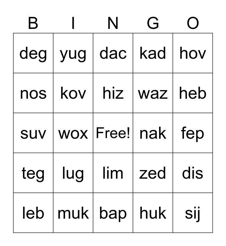 1st grade nonsense words Bingo Card