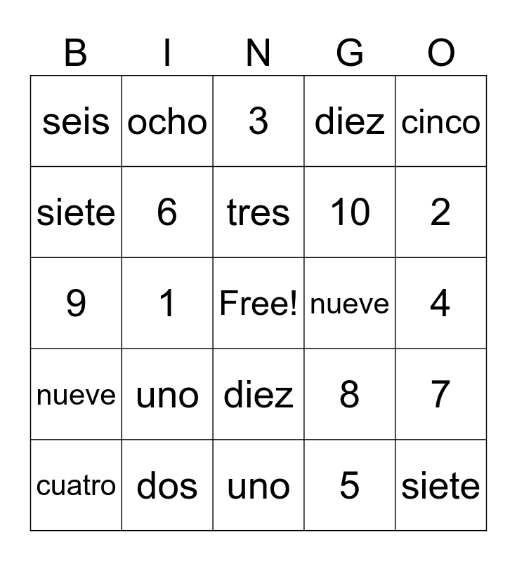 Spanish Numbers 1-31 Bingo Card
