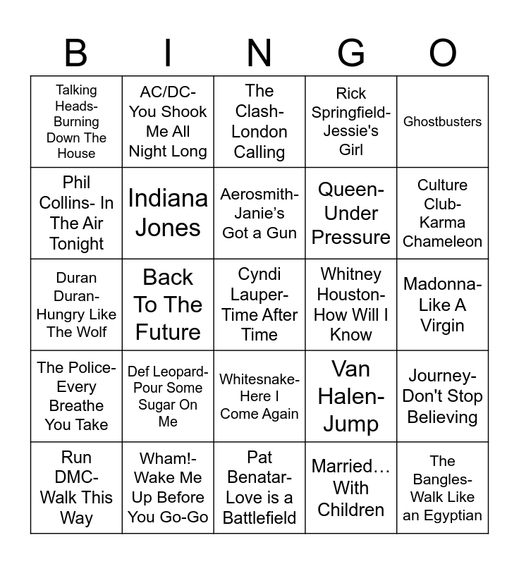 Radio Bingo Remember The 80's Bingo Card