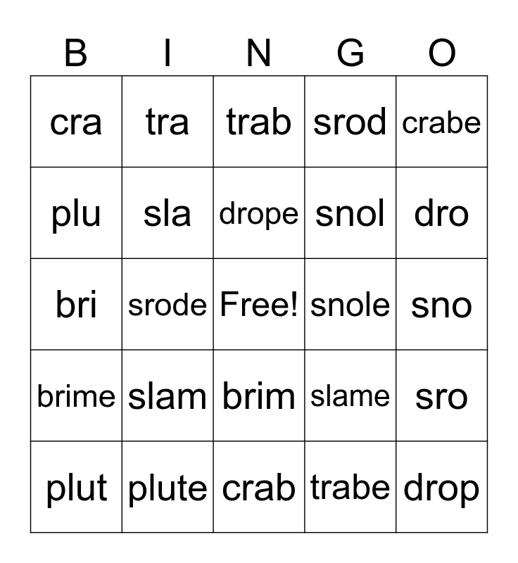 Beginning Blends Bingo Card