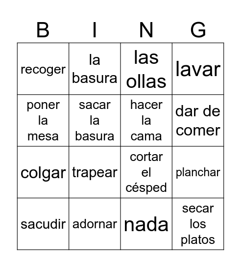 Los quehaceres (A) Bingo Card