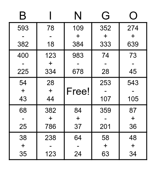 2 and 3 Digit Addition & Subtraction Bingo Card