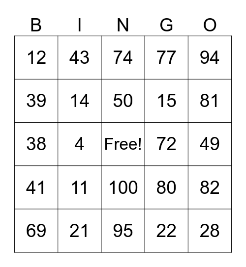 Numbers 1-100 Bingo Card