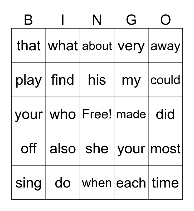 1st grade Sight Words Bingo Card