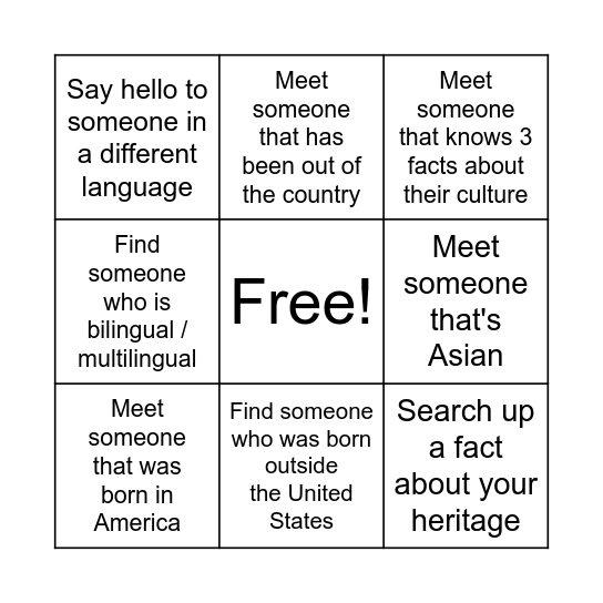 Multicultural Bingo Card