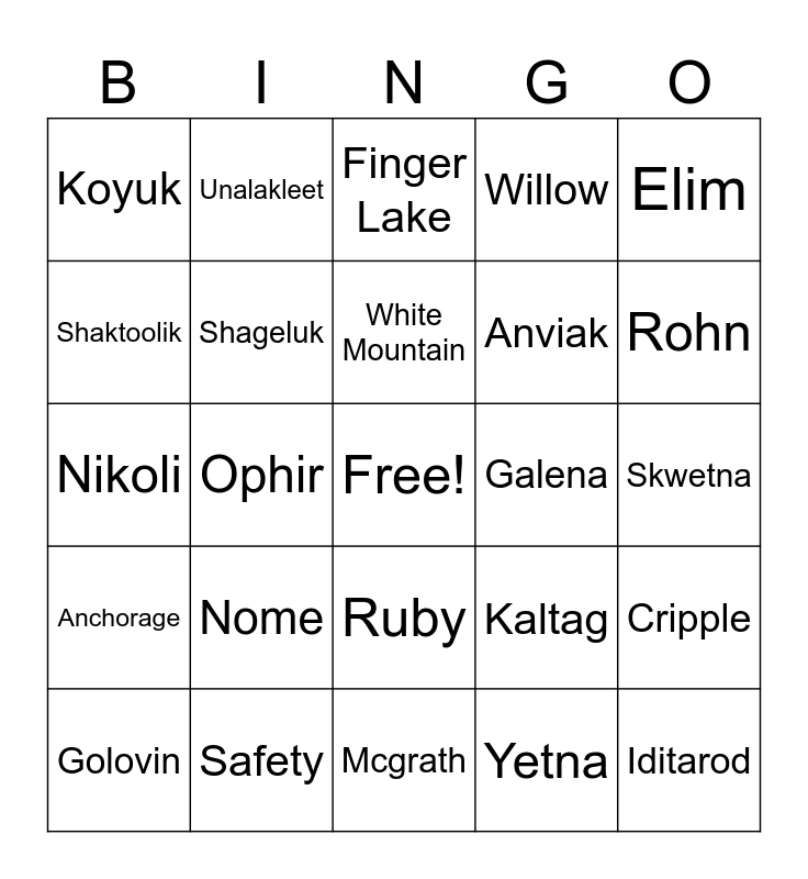 Iditarod Bingo with Fox Bingo Card