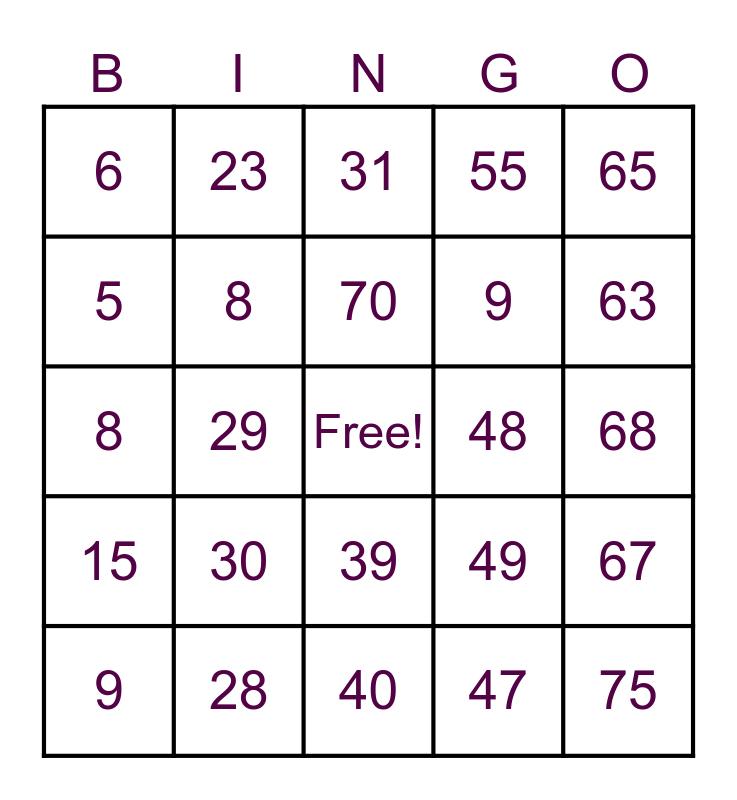 Number Bingo 1-75 Bingo Card