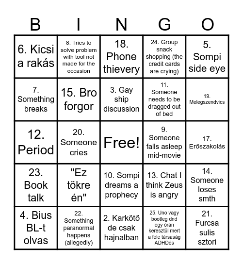 Sleepover Bingo Card