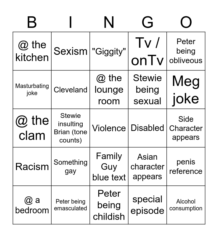 Family Guy Bingo Card