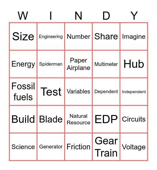Wind Turbine Bingo Card