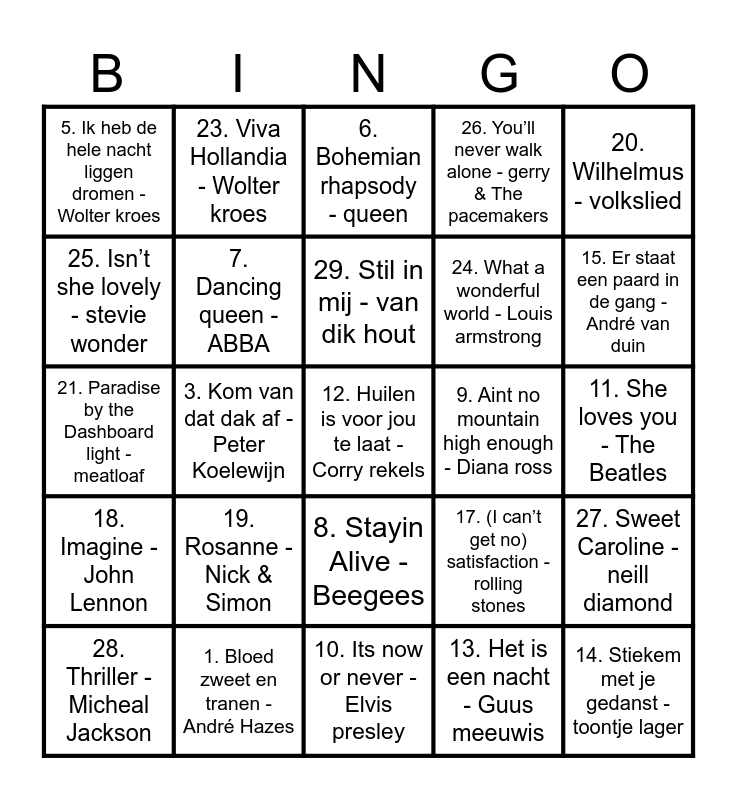 Ken jij het nummer? Bingo Card
