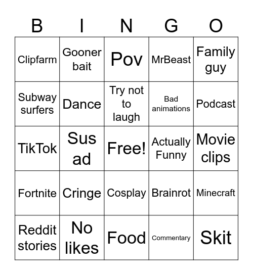 YouTube Shorts Bingo Card
