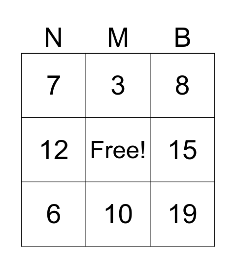 Numbers Bingo Card