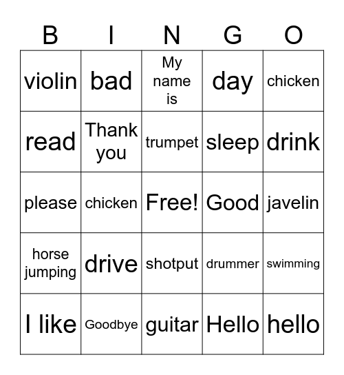 Auslan Bingo Card