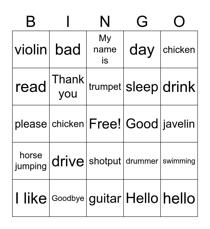 Auslan Bingo Card