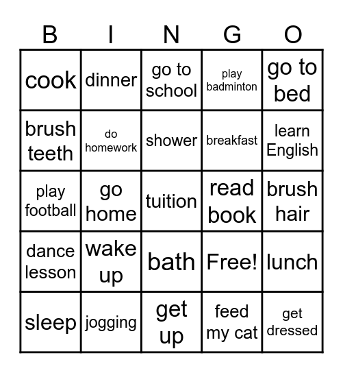 Daily routine Bingo Card