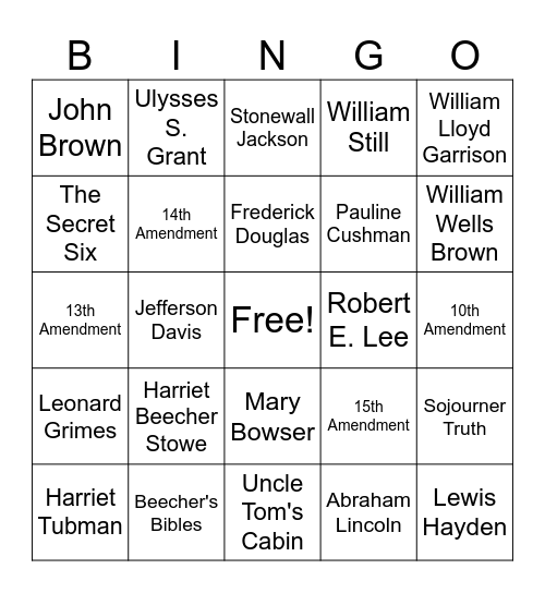 Civil War Bingo Card