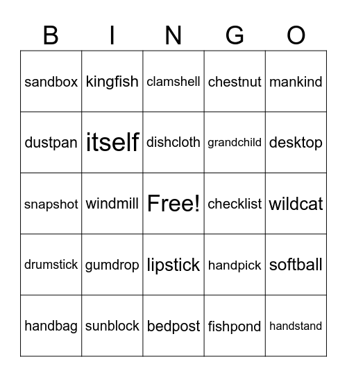 2 Syllable Words Bingo Card