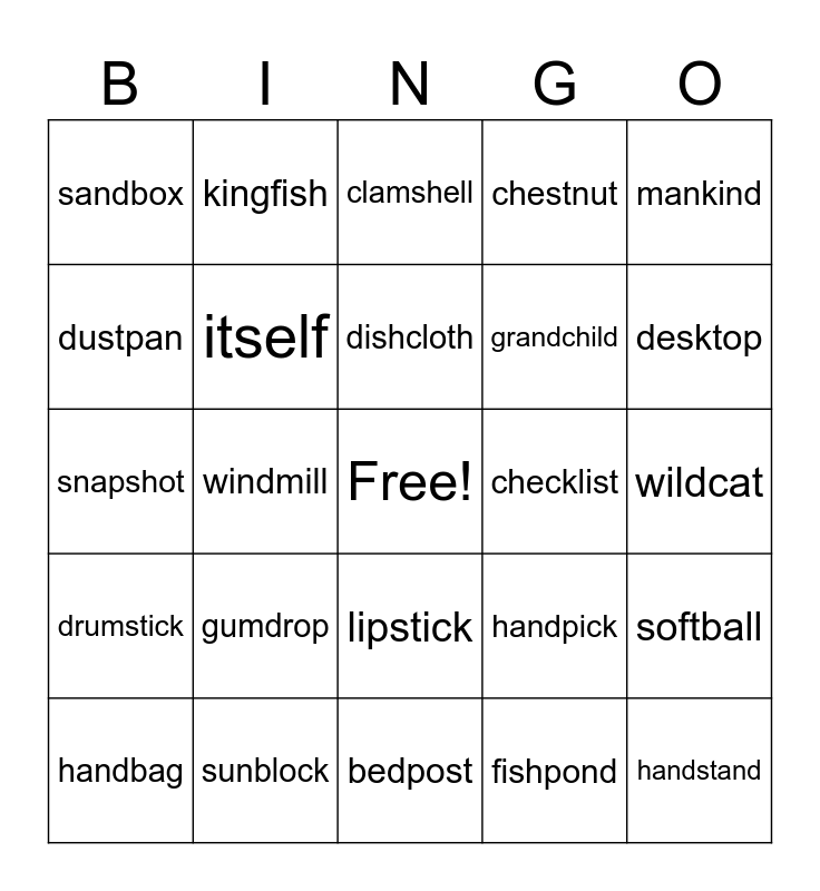 2 Syllable Words Bingo Card