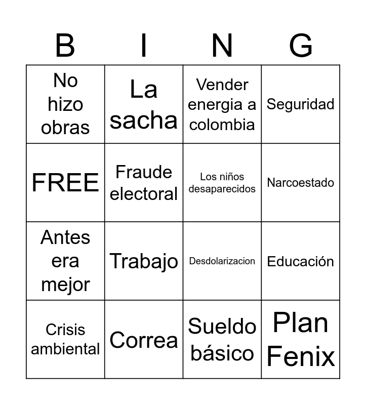 Bingo Debate Bingo Card