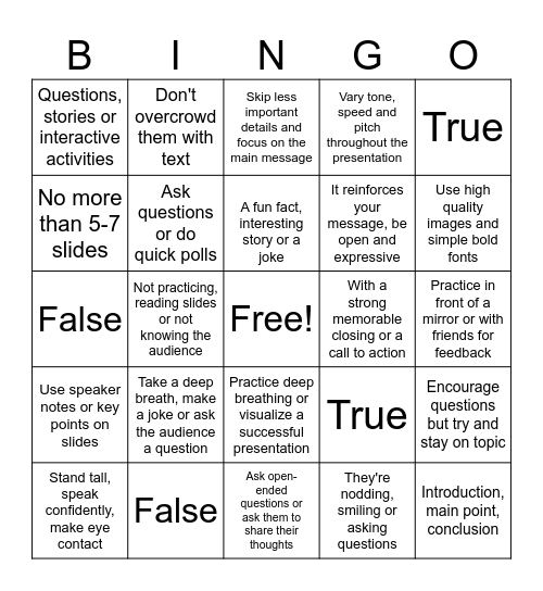 Presentation Skills Bingo Card