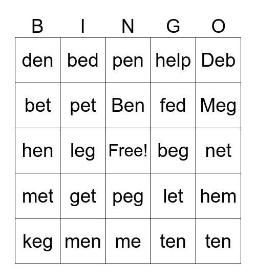 Short e Words Bingo Card
