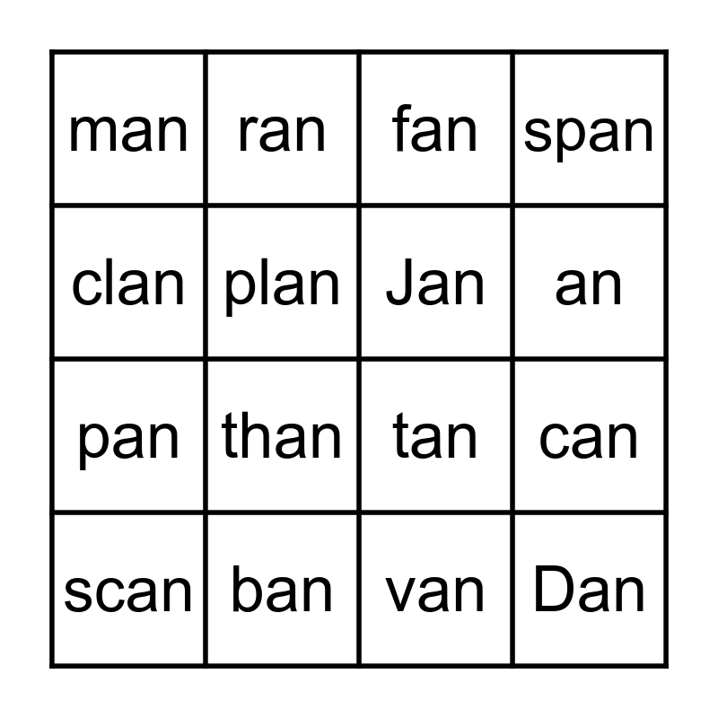 -AN Word Family Bingo Card