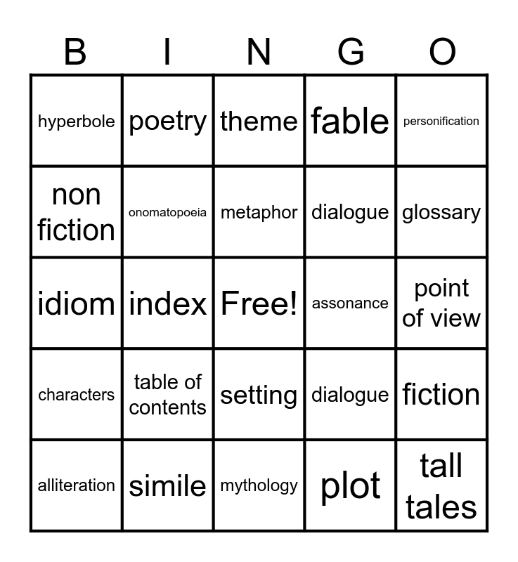 Literary Terms Bingo Card