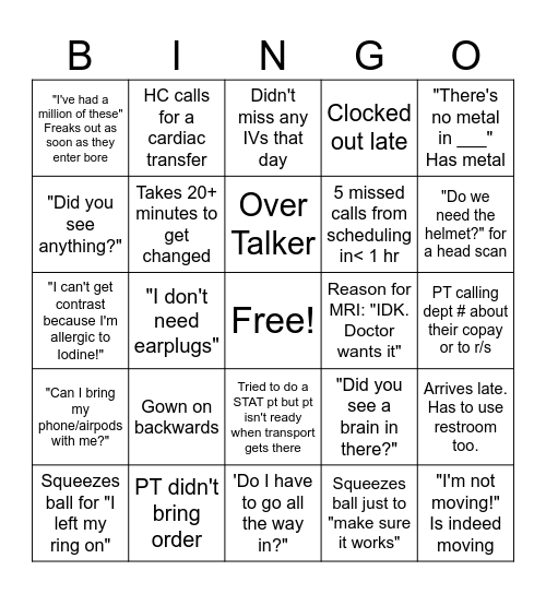MRI Tech BINGO Card