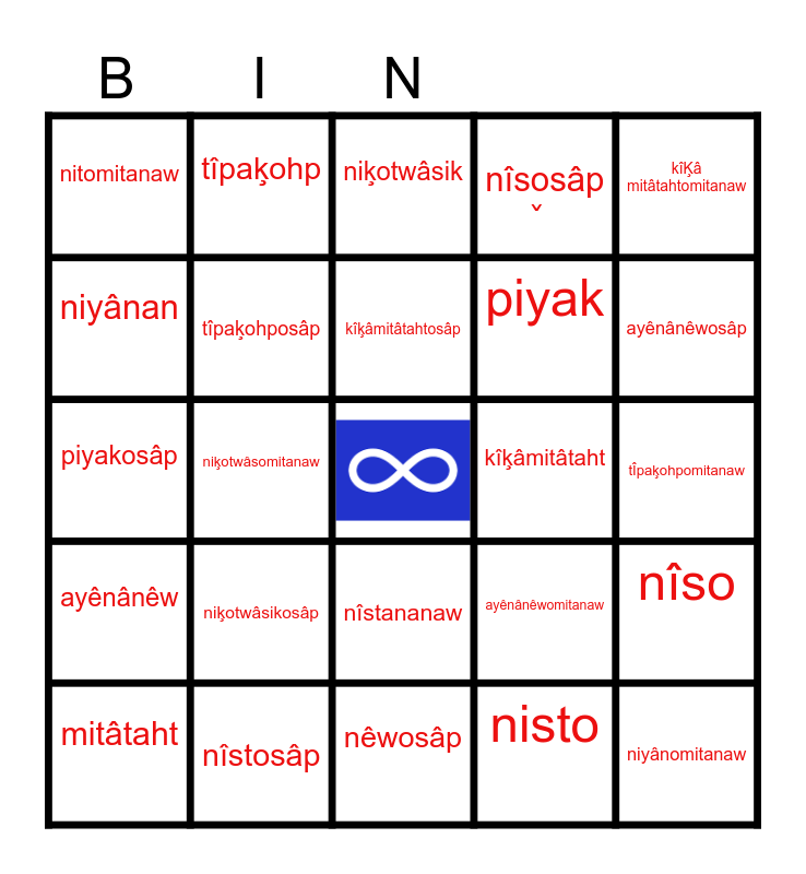 Michif Numbers Bingo Card