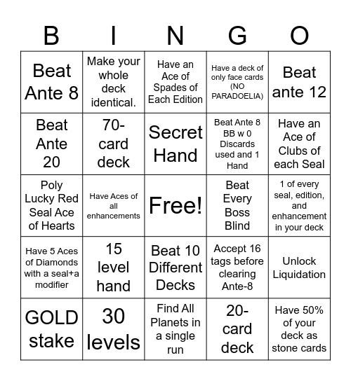 Balatro Hardcore Bingo Card