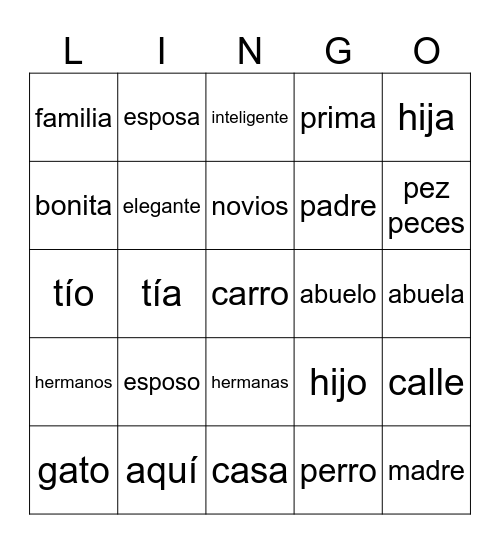 Duolingo Unit 5 (palabras) Bingo Card