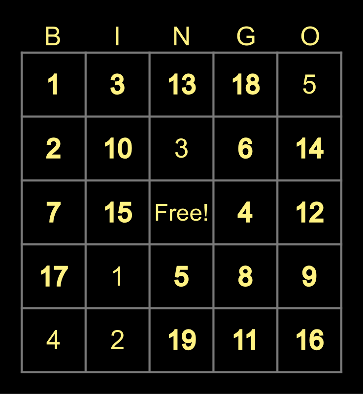 Numbers 1-25 Bingo Card