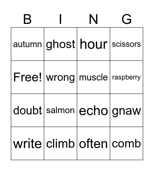 silent letter words Bingo Card