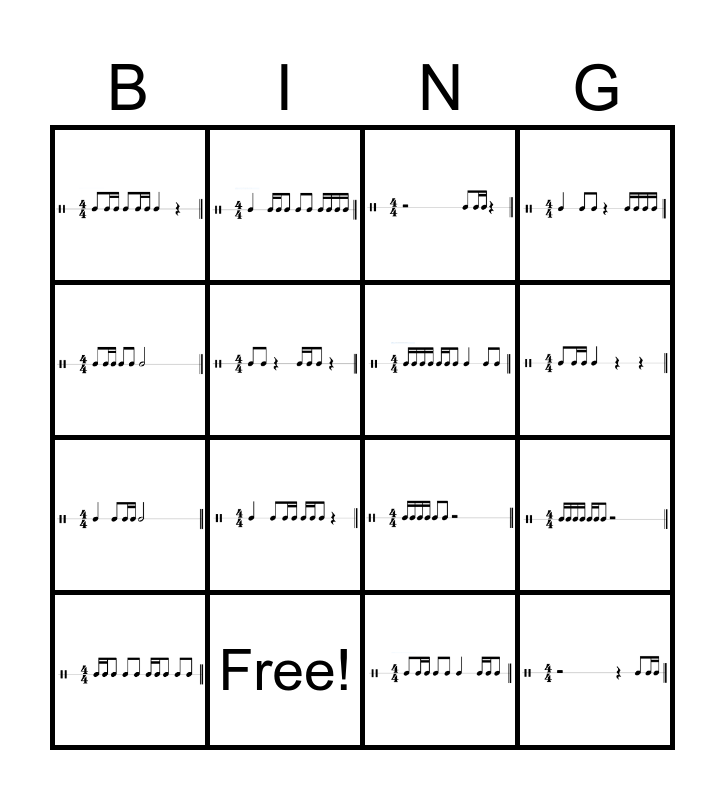 16th Note Rhythm Bingo Card