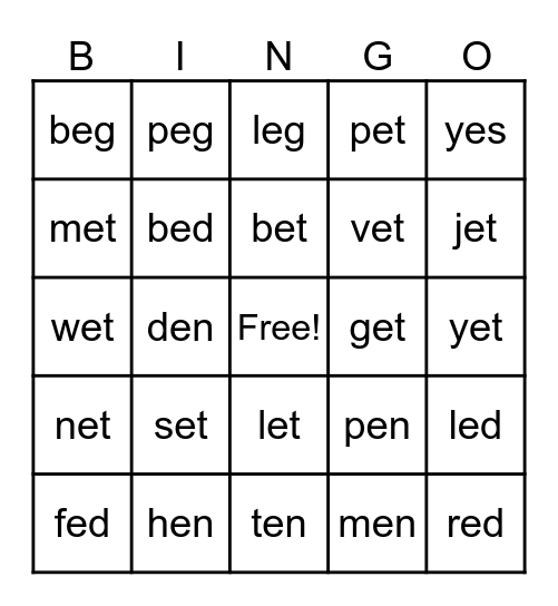 Word Family Bingo - Short E Words Bingo Card
