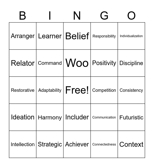 Clifton Strengths Bingo Card