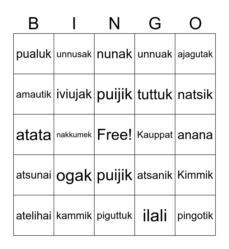 Inuttitut Bingo Card