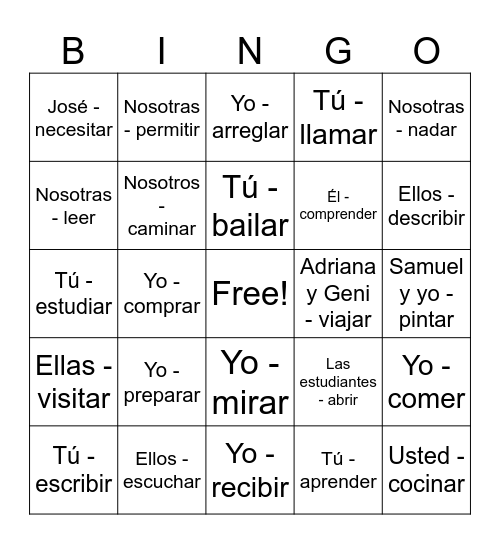 Future tense Bingo Card
