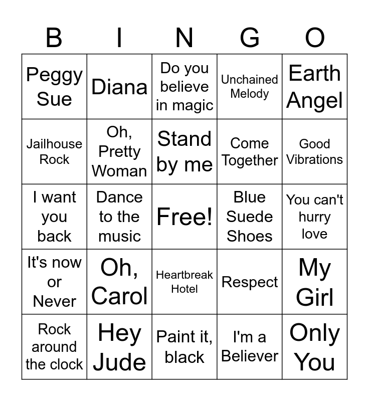 Music Bingo (1950s & 1960s ) Bingo Card