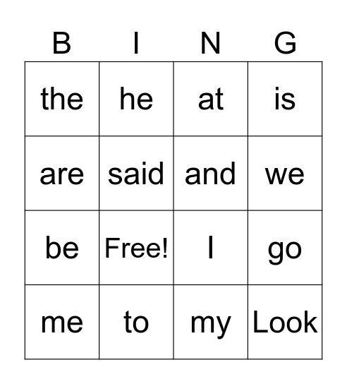 High Frequency Words Bingo Card