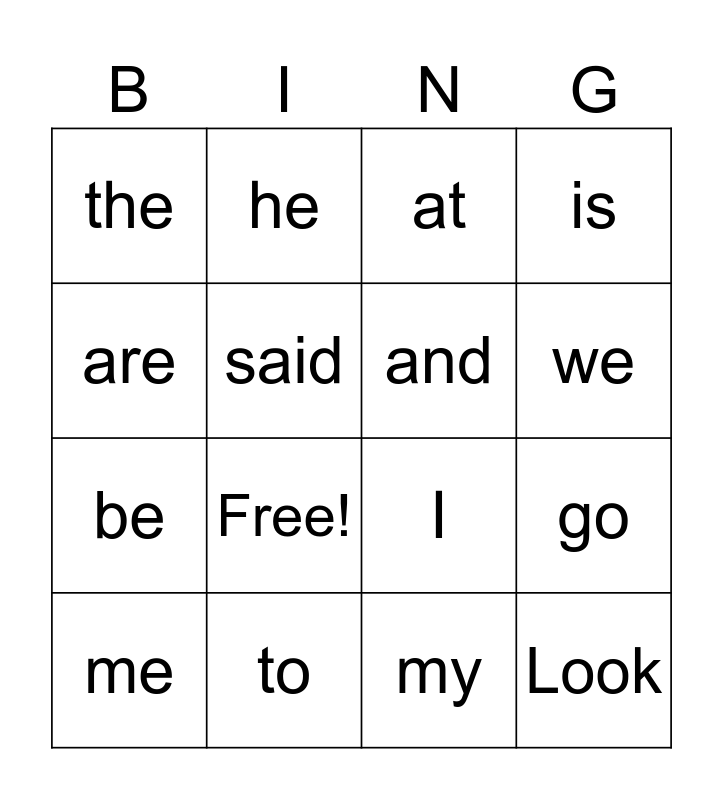 High Frequency Words Bingo Card