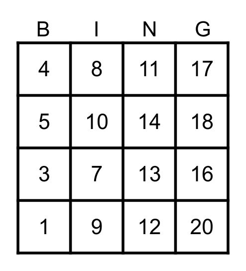 Numbers 1-20 Bingo Card
