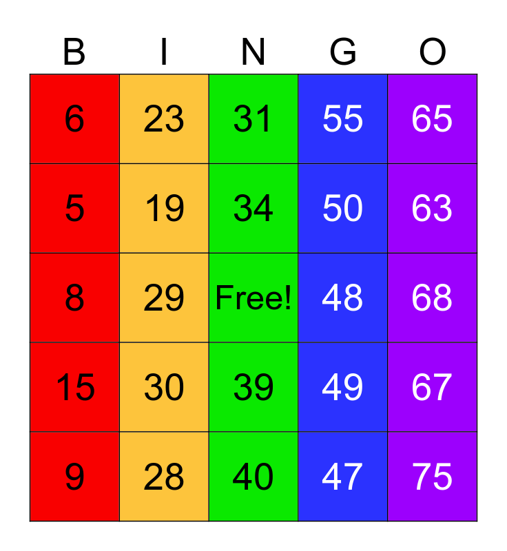 Rainbow Bingo Card