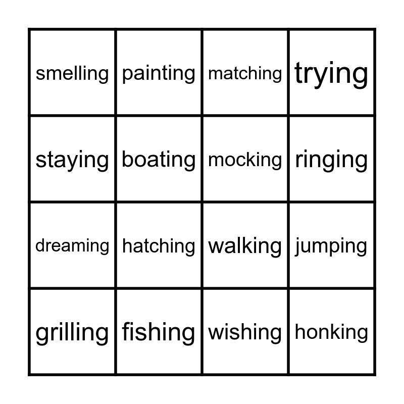 Suffix -ing Bingo Card