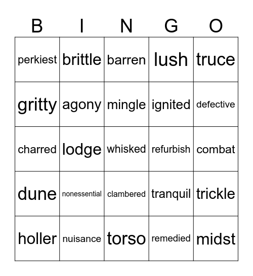 Wild Robot Vocab Words Bingo Card