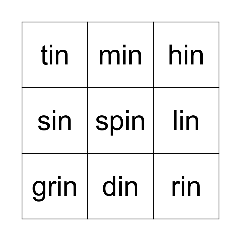 -in Word Family Bingo Card