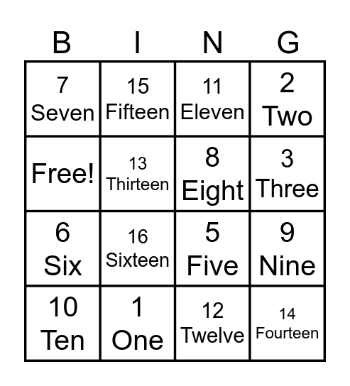 Numbers Bingo Card