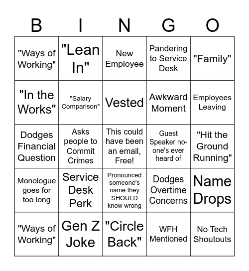 Town Hall Bingo Card