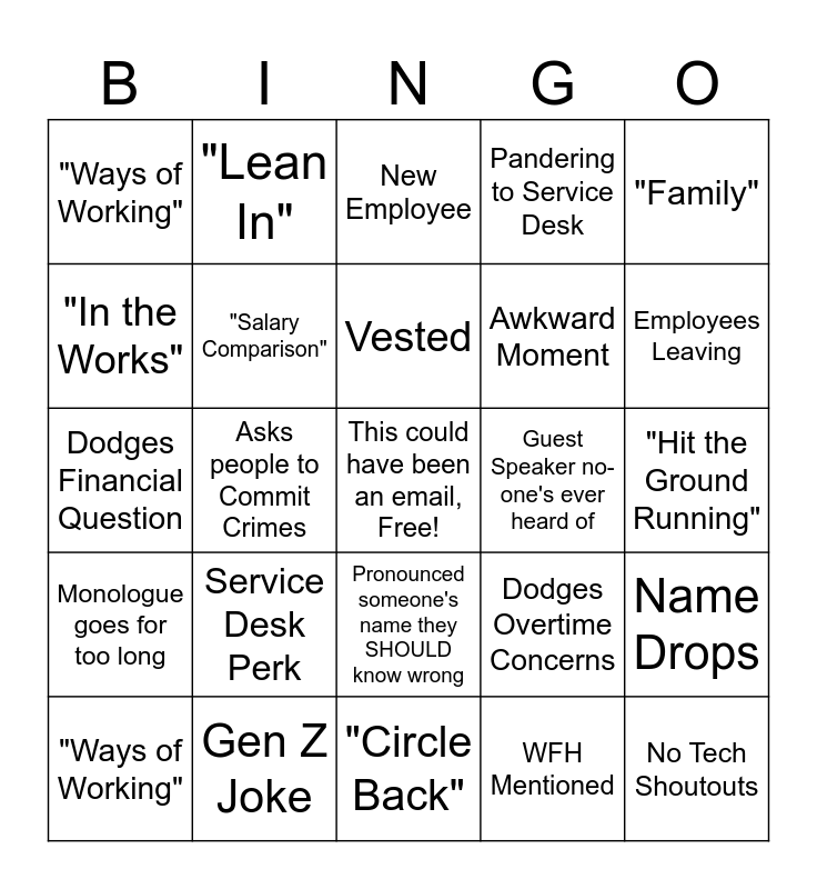 Town Hall Bingo Card